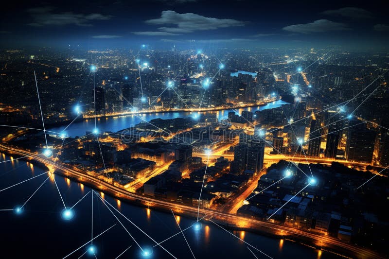 Aerial View of Buildings City at Night with Internet Network Connection ...