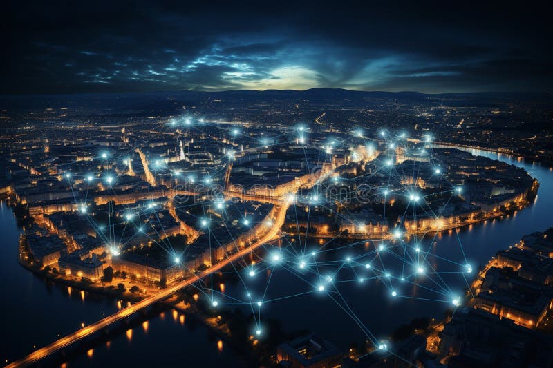 Aerial View of Buildings City at Night with Internet Network Connection ...
