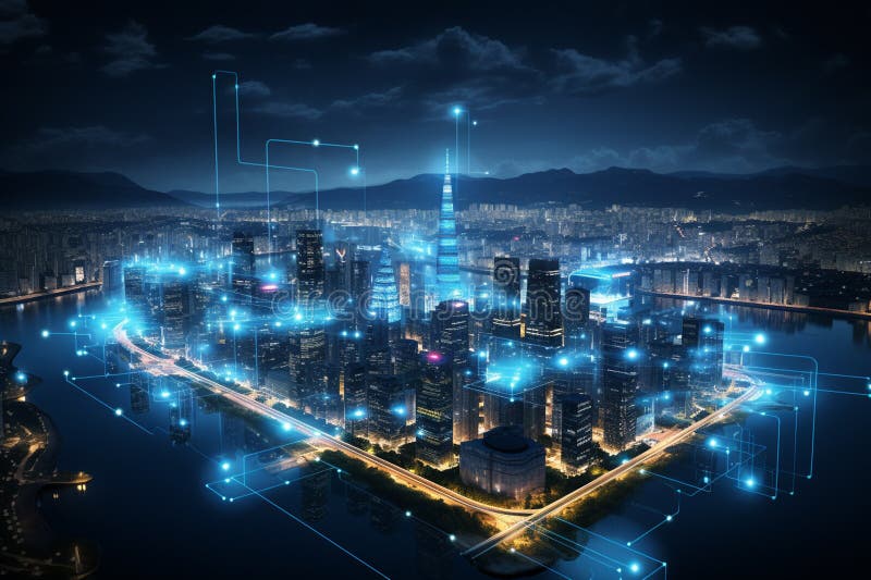 Aerial View of Buildings City at Night with Internet Network Connection ...