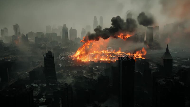Aerial View of a Burning City with Raging Fires and Crumbling ...
