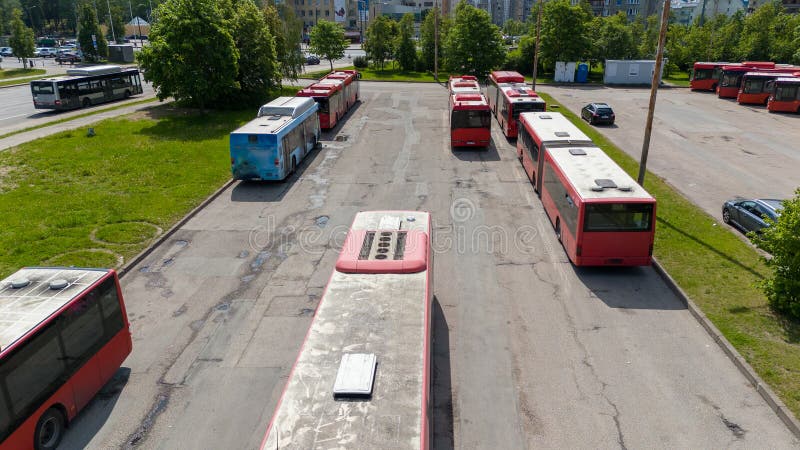 Aerial View of Bus Depot with Red Buses Stock Image - Image of ...