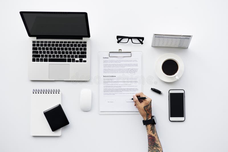 Aerial View of Businessman Signing Paper Workspace Stock Photo - Image ...