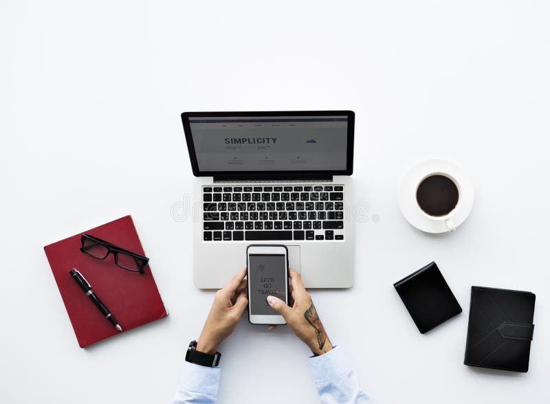 Aerial View of Businessman Using Mobile Phone with Computer Laptop ...