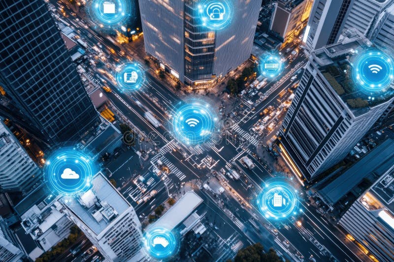 Aerial View of a Bustling City Intersection with Digital Connectivity ...