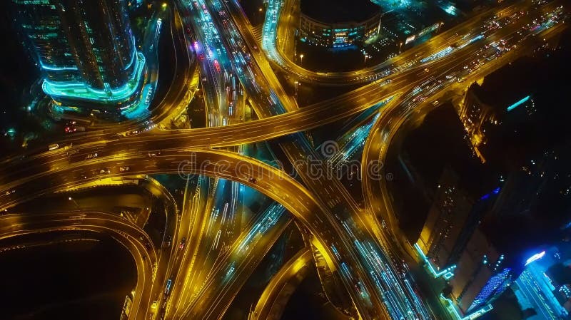 An Aerial View of a Bustling City Intersection Illuminated by Neon ...