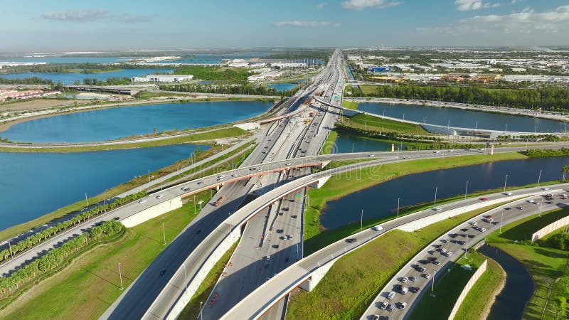 Aerial View of Busy American Freeway Road Interchange Under ...