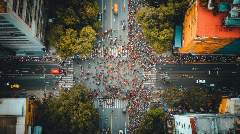 Aerial View of a Busy City Intersection with a Large Crowd Stock ...
