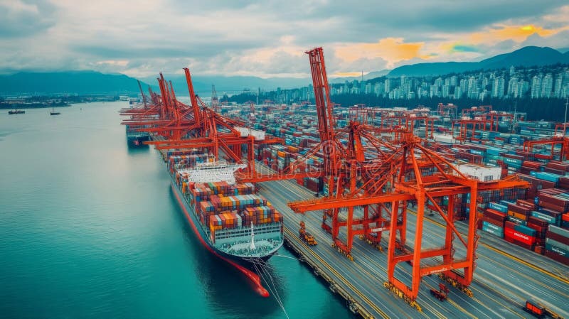 Aerial View of a Busy Container Port with Cargo Ships and Cranes Stock ...