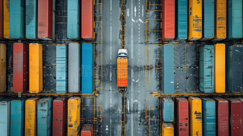 Aerial View of a Busy Container Terminal with Trucks and Cargo ...