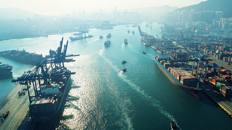 Aerial View of a Busy Harbor with Ships and Cranes Stock Illustration ...