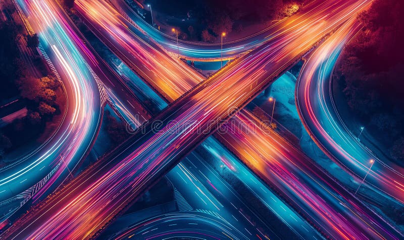 Aerial View of Busy Highway Intersection at Night with Dynamic Light ...
