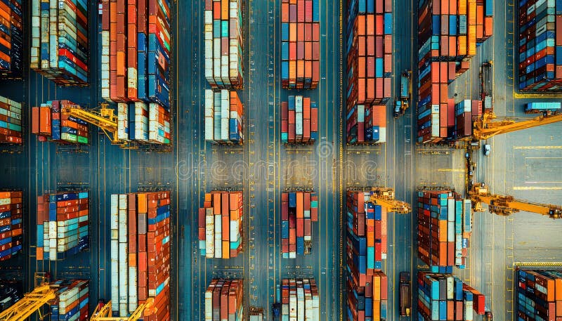 Aerial View of Busy Industrial Docking Area with Colorful Shipping ...