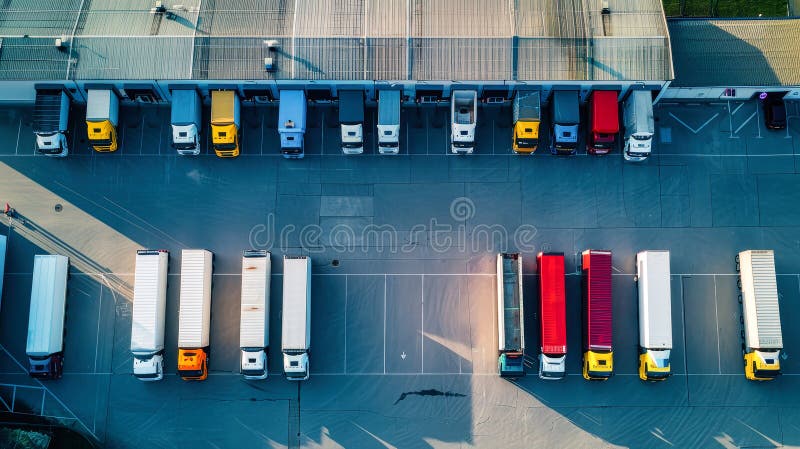 Aerial View of a Busy Loading Dock with Parked Trucks in an Industrial ...