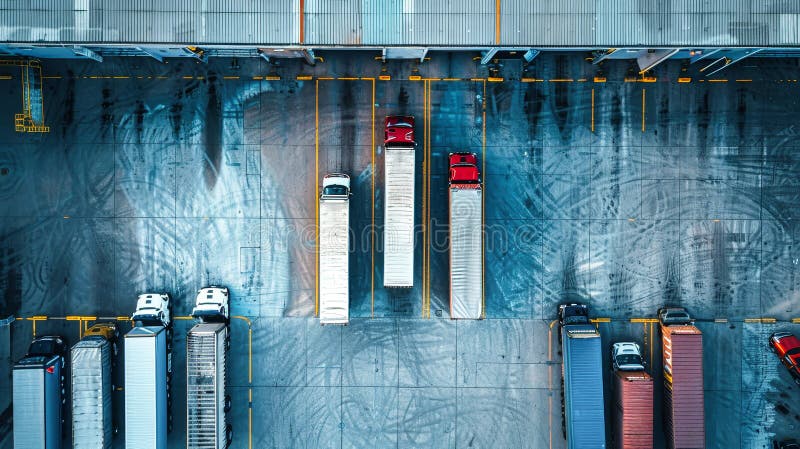 Aerial View of a Busy Loading Dock with Trucks Parked in Organized Rows ...