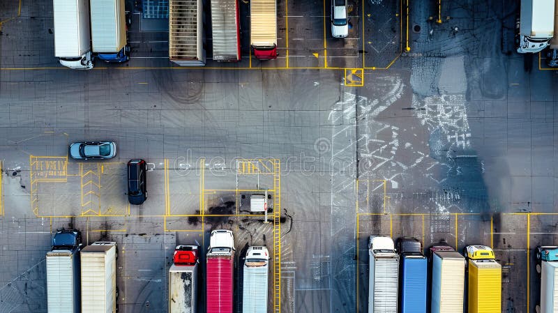 Aerial View of a Busy Loading Dock with Trucks Parked in a Warehouse ...