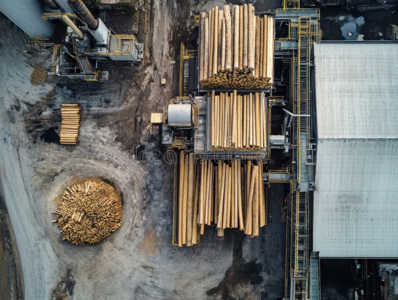Aerial View of a Busy Lumber Yard with Stacks of Timber and a Loading ...