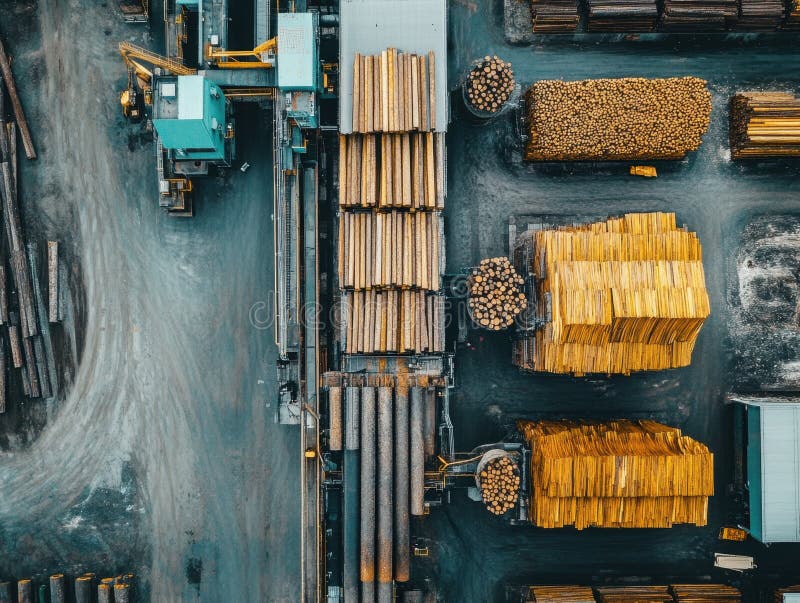Aerial View of a Busy Lumber Yard with Stacks of Timber and a Loading ...