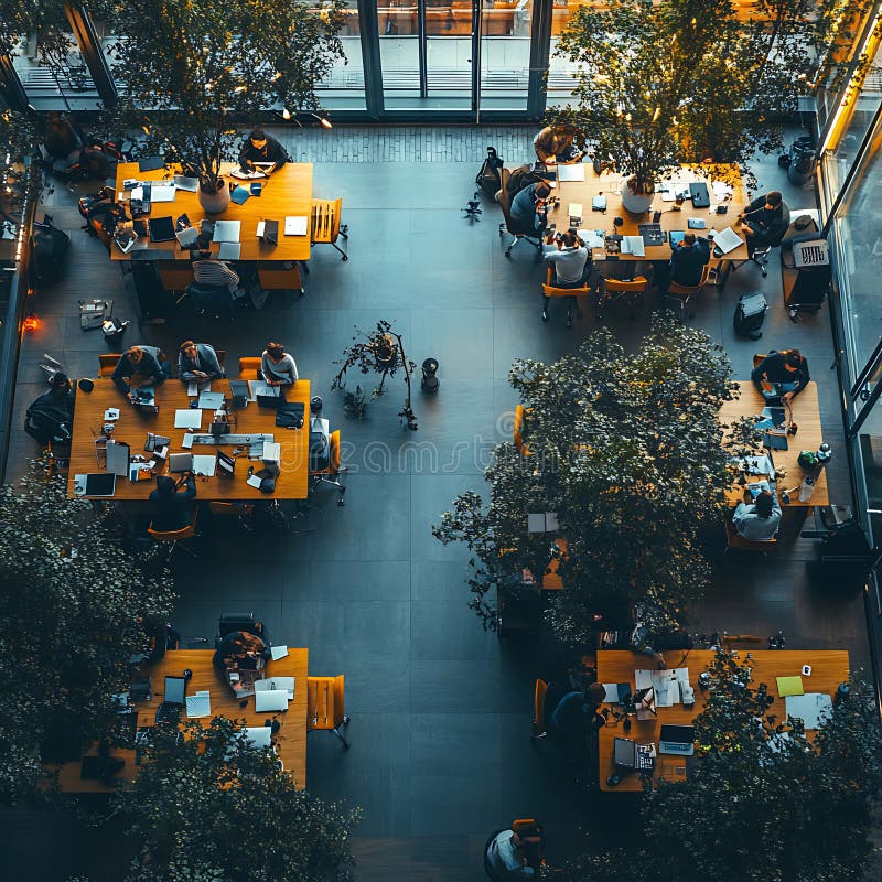 Aerial View of Busy Modern Workspace with Greenery Stock Illustration ...