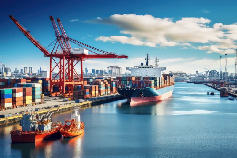 Aerial View of a Busy Seaport with Cargo Ships Loading and Unloading ...