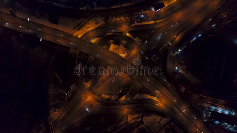 Vertical Top Down Aerial View of Traffic on Freeway Interchange at ...