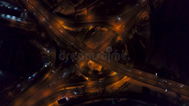 Vertical Top Down Aerial View of Traffic on Freeway Interchange at ...