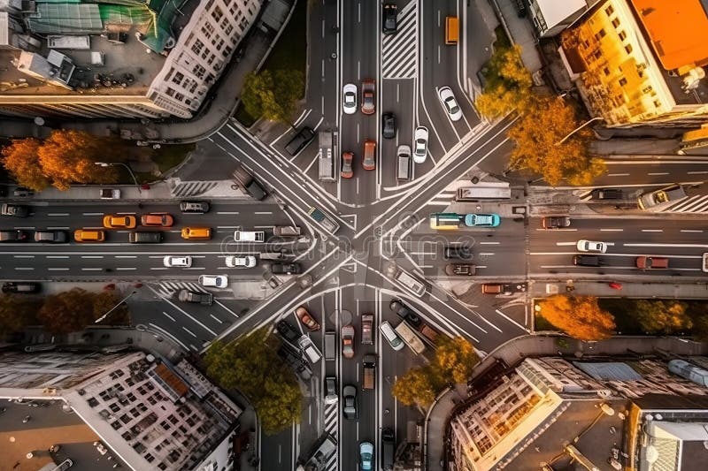 Aerial View of Busy Urban Streets and Intersections Created by ...