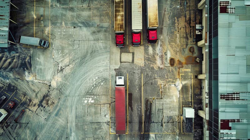 Aerial View of a Busy Warehouse Loading Dock with Multiple Trucks ...