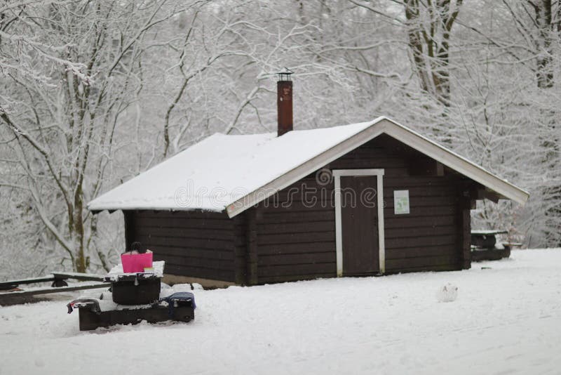 Aerial View of Cabin in Snow Covered Forest Stock Image - Image of ...