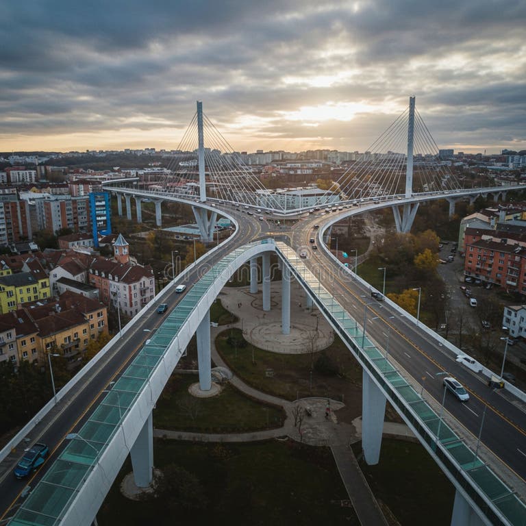 Aerial View of a Cable-stayed Bridge and Interchange in an Urban ...