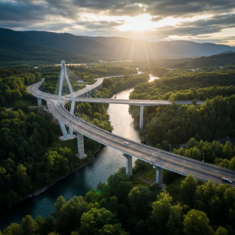 Aerial View of a Cable-stayed Bridge Spanning a River, Surrounded by ...