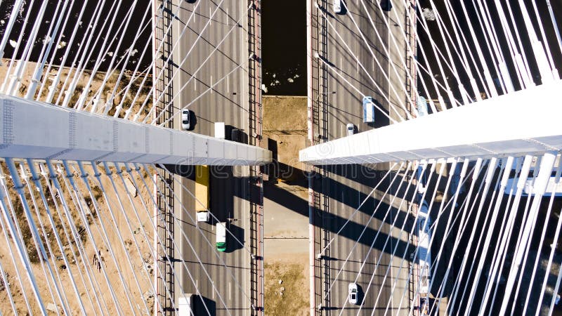Aerial View of Cable-stayed Bridge, Cars Drive Along the Road Stock ...