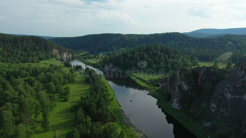 Aerial View of Calm River at Ural Mountains Stock Video - Video of ...