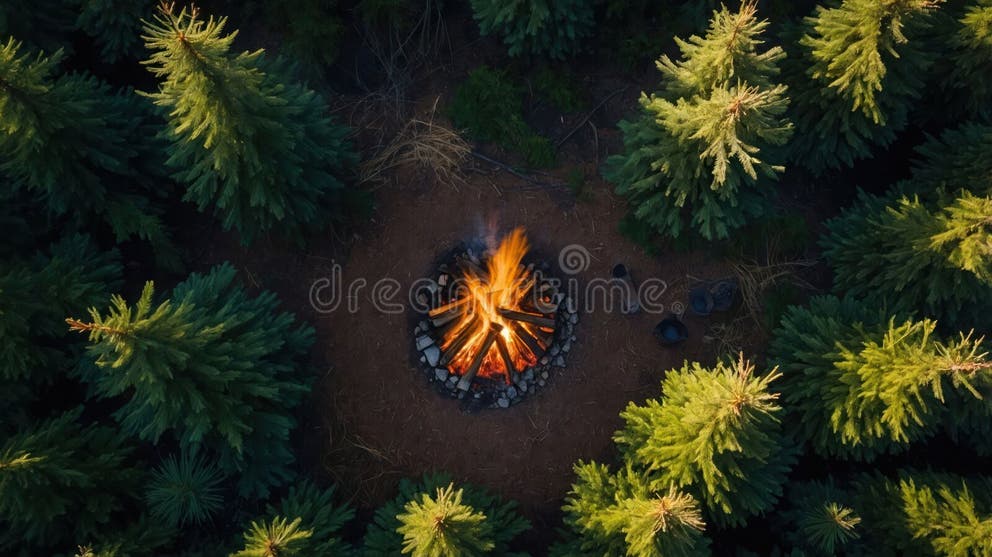 Aerial View of a Campfire Surrounded by Evergreen Trees at Night Stock ...