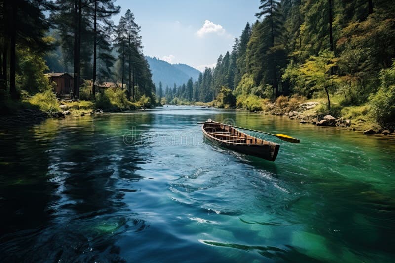 Aerial View Canoe in Mountain River and Forest. Stock Image - Image of ...