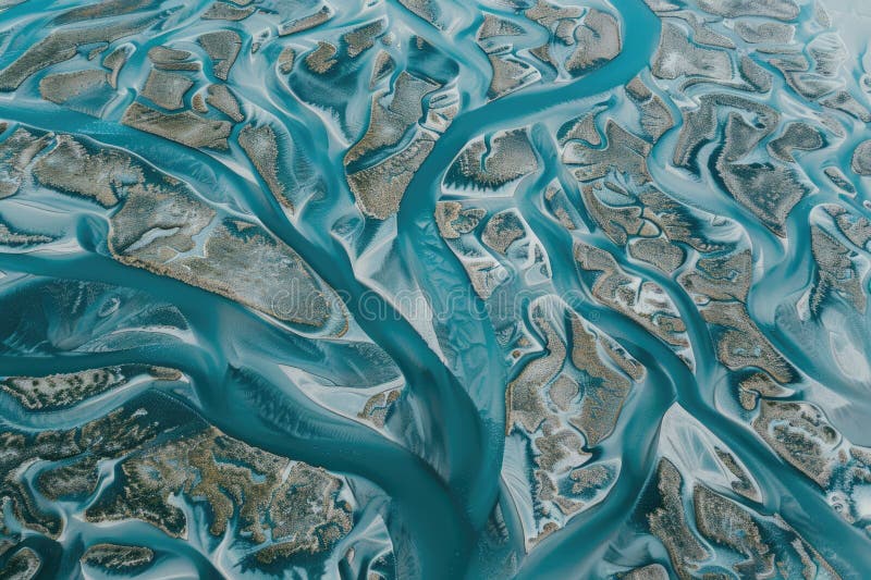 The Aerial View Captures a River Delta Displaying Intricate Patterns of ...
