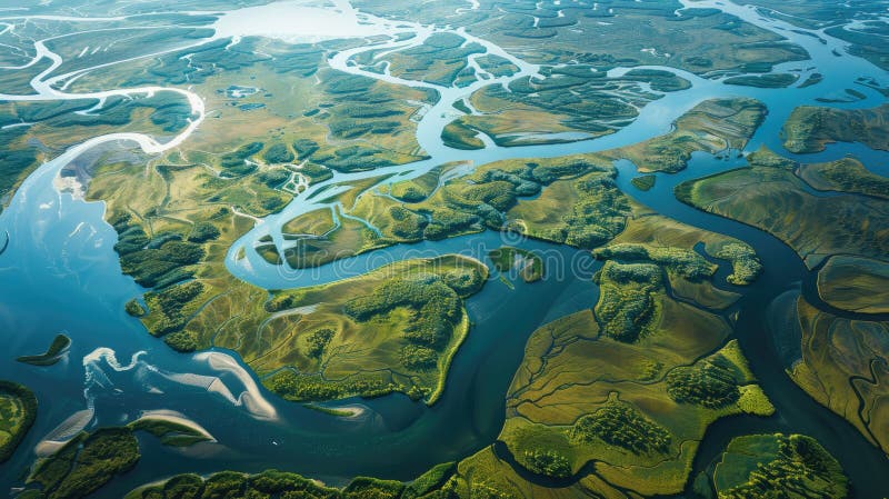 The Aerial View Captures a River Delta Displaying Intricate Patterns of ...