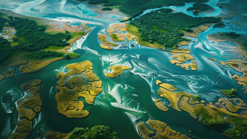 The Aerial View Captures a River Delta Displaying Intricate Patterns of ...