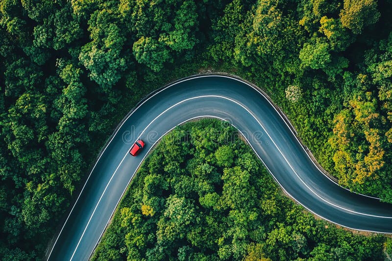 Aerial View of a Car and Bike on a Winding Mountain Road Stock Illustration - Illustration of ...