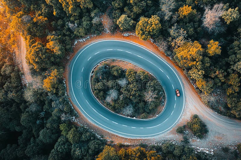 Aerial View of a Car and Bike on a Winding Mountain Road Stock Illustration - Illustration of ...