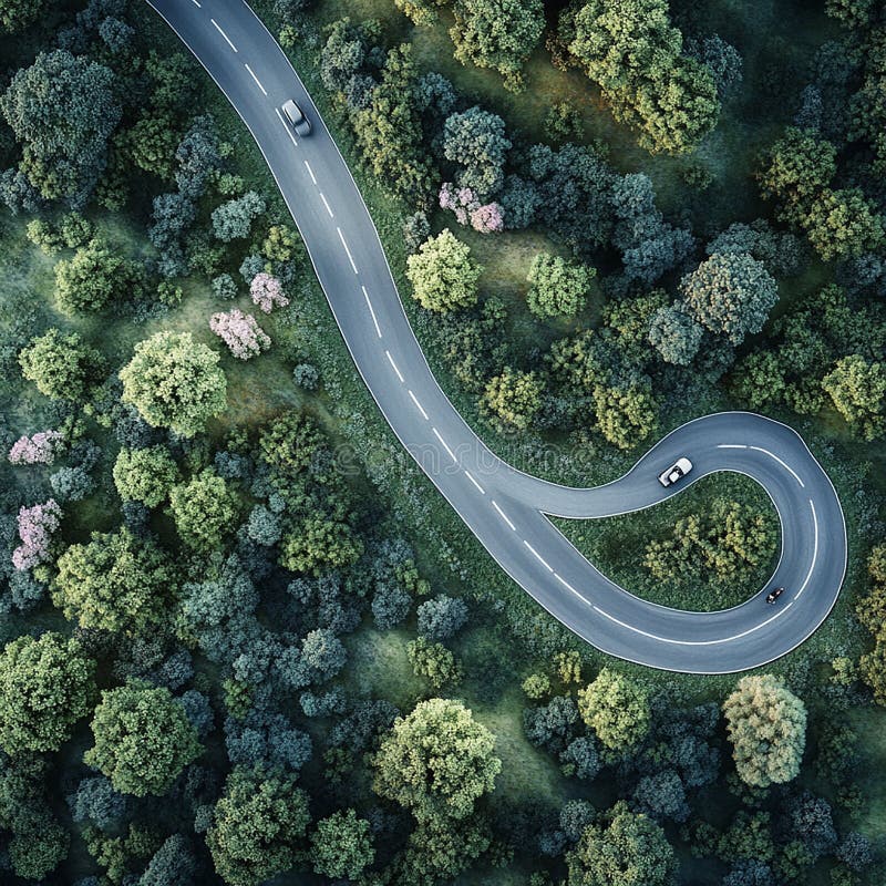 Aerial View of a Car and Bike on a Winding Mountain Road Stock Illustration - Illustration of ...