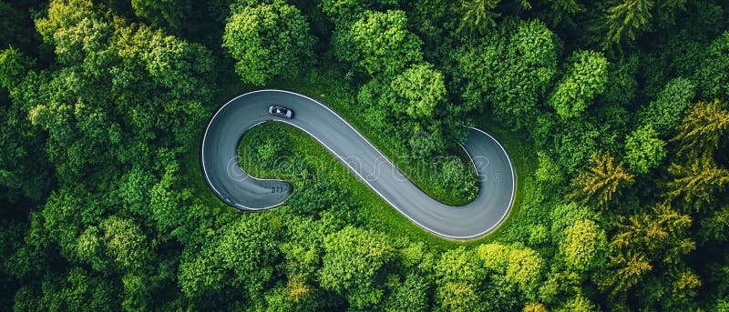 Aerial View of a Car and Bike on a Winding Mountain Road Stock Illustration - Illustration of ...