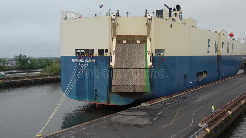 Closing Cargo Ramp of a Ferry at Naze Port at Dawn in Amami Oshima ...
