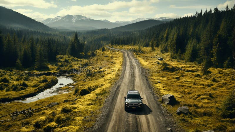 Aerial View of a Car Driving in the Forest Stock Photo - Image of green ...