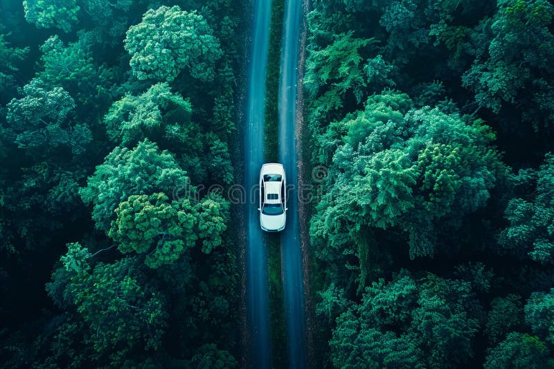 Aerial View of a Car Driving through the Forest Stock Photo - Image of ...