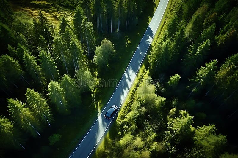 Aerial View of a Car Driving on the Road in the Forest Stock ...