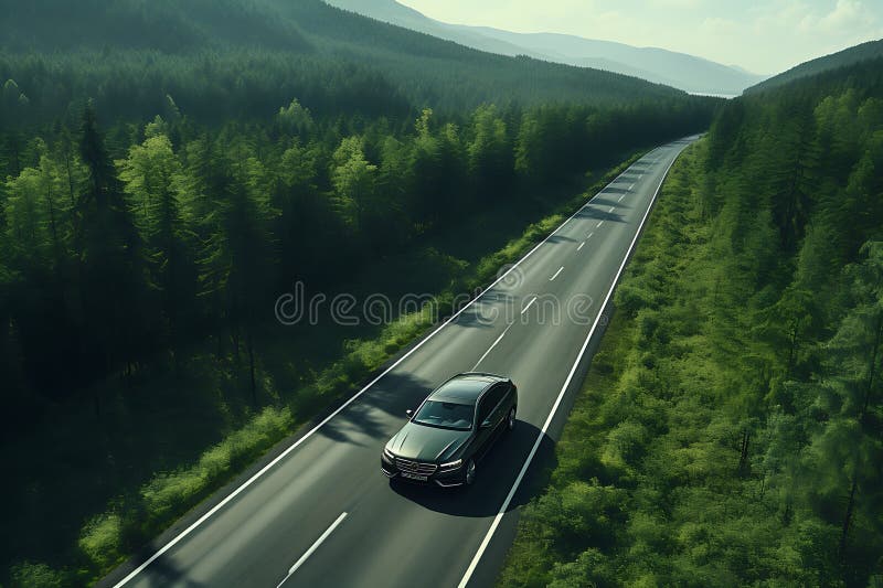 Aerial View of a Car Driving on the Road in the Forest Stock ...
