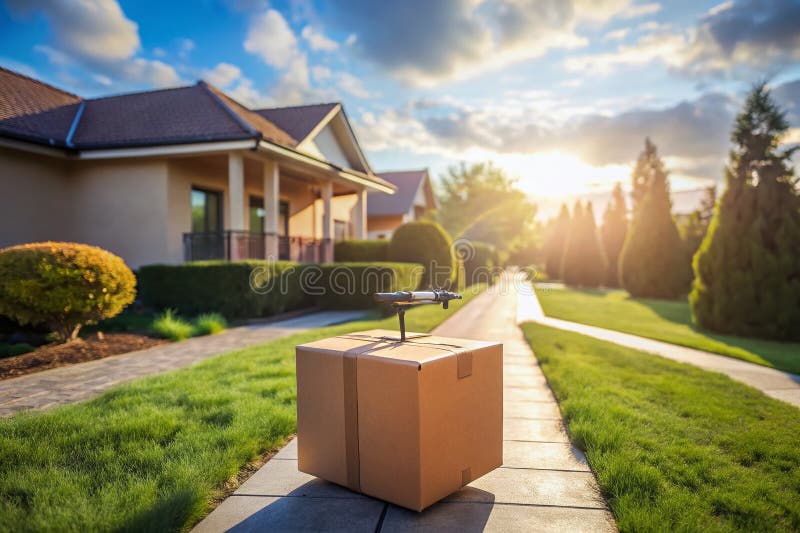 Aerial View of a Cardboard Box on a Doorstep a Drones Perspective of a ...