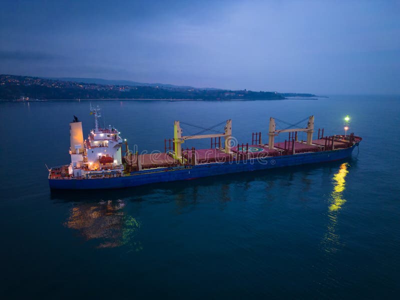 Aerial View Cargo Bulk Carrier Ship on the Sea at Night Stock Photo ...