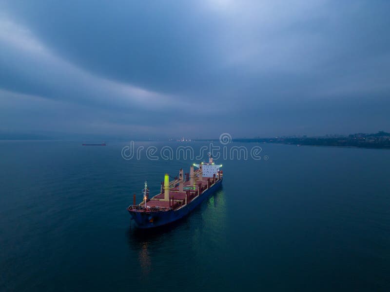 Aerial View Cargo Bulk Carrier Ship on the Sea at Night Stock Image ...