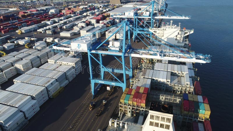 Aerial View of Cargo Container Ship Being Loaded Unloaded Stock Video ...